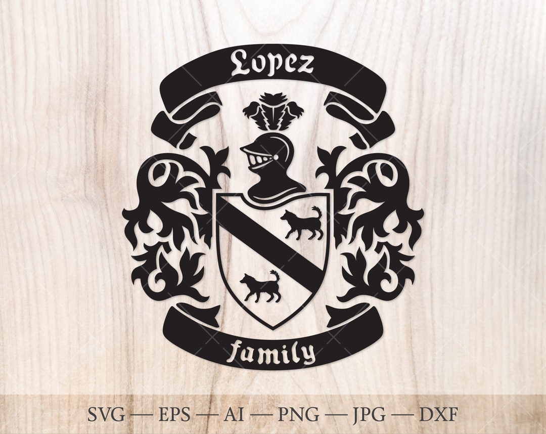 Lopez Family Crest. Coat of Arms Svg. Heraldic Shield With Two Wolfs ...