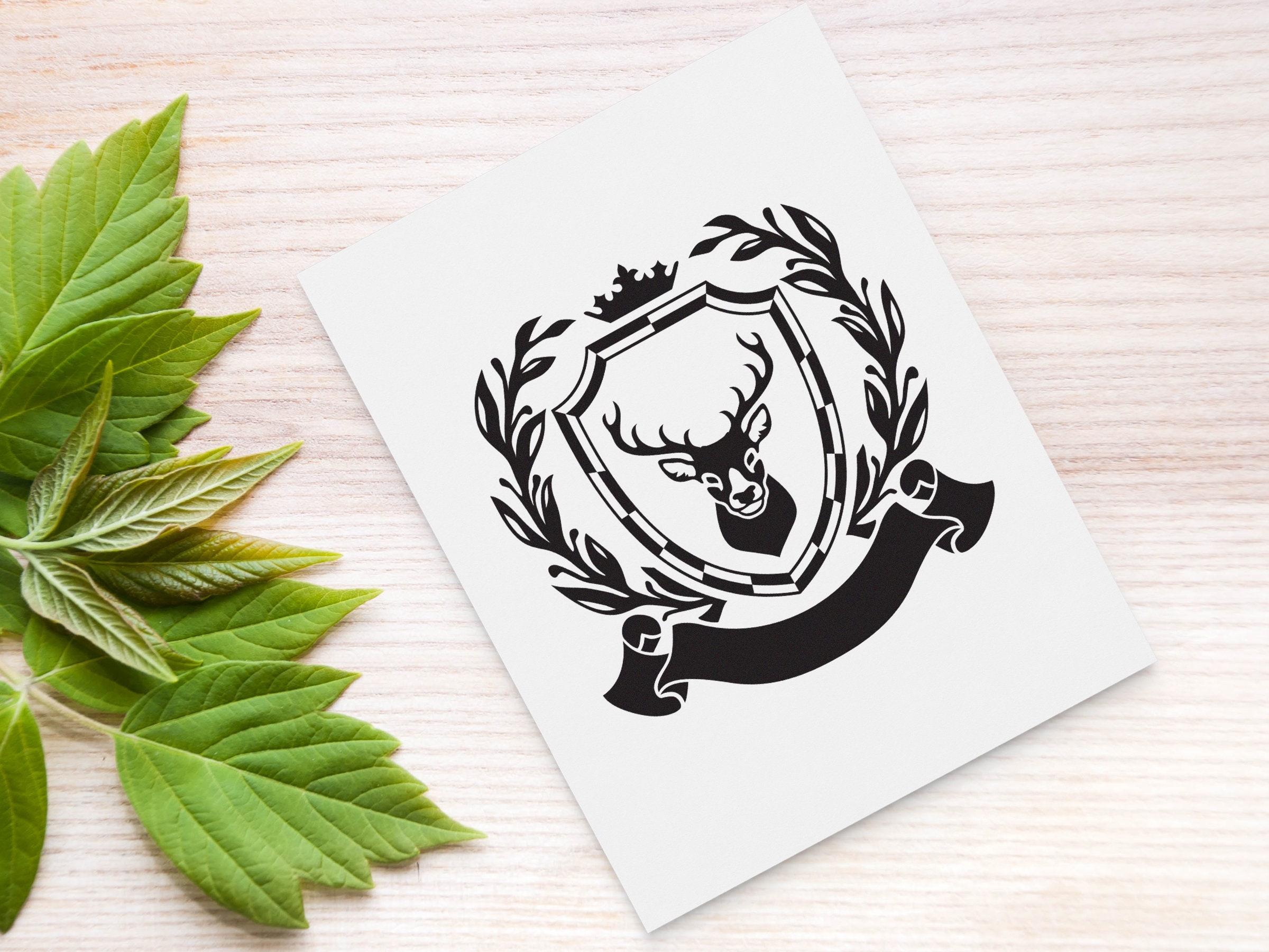 Family Crest SVG Template. Shield With Stag Head, Crown, Laurel Wreath ...