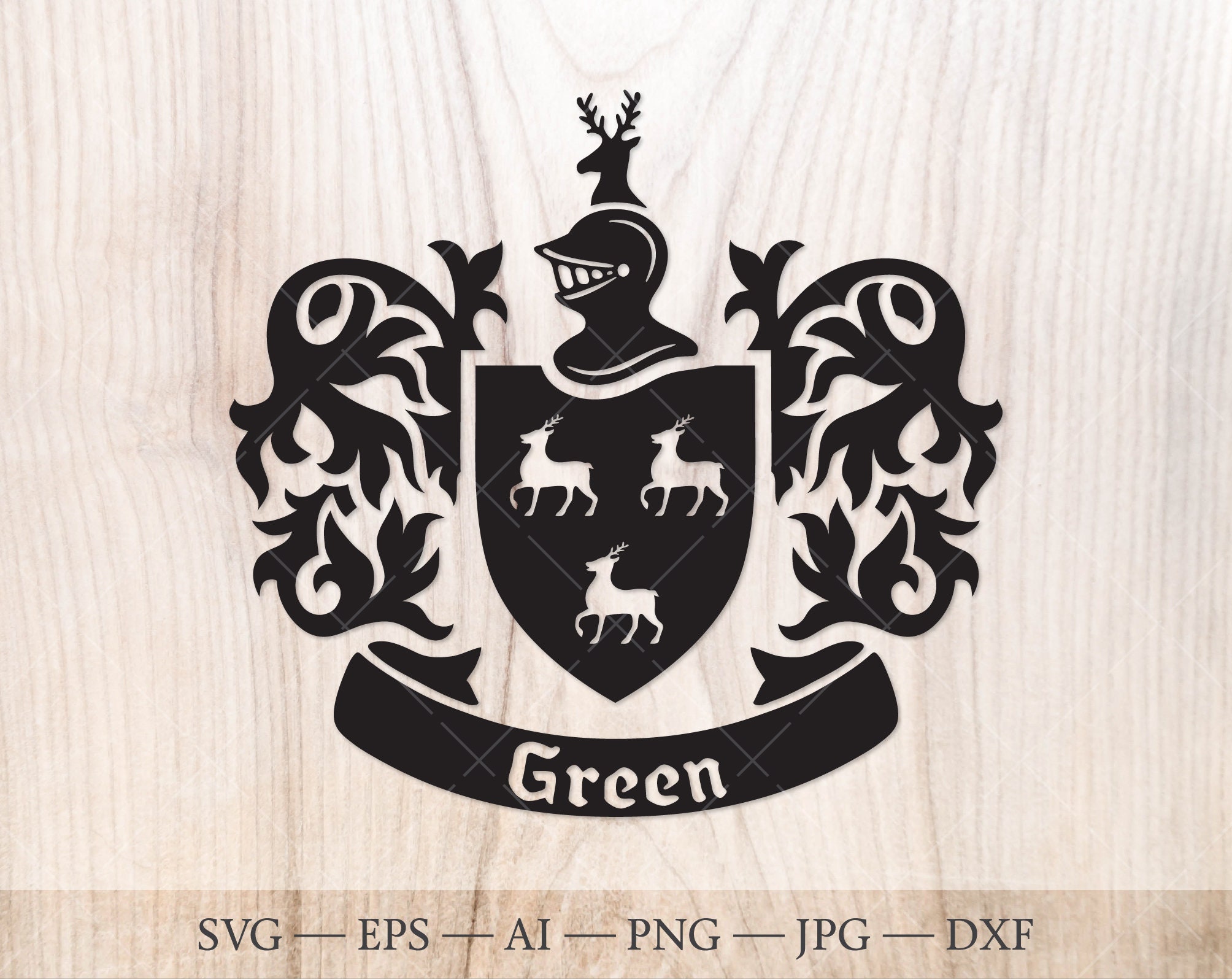 Green Family Crest. Coat of Arms Svg. Heraldic Shield With Stags, Stag ...
