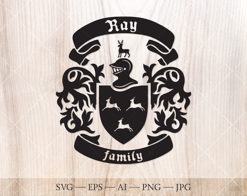 Ray Family Crest. Coat of Arms Svg. Heraldic Shield With Stags, Ribbon ...