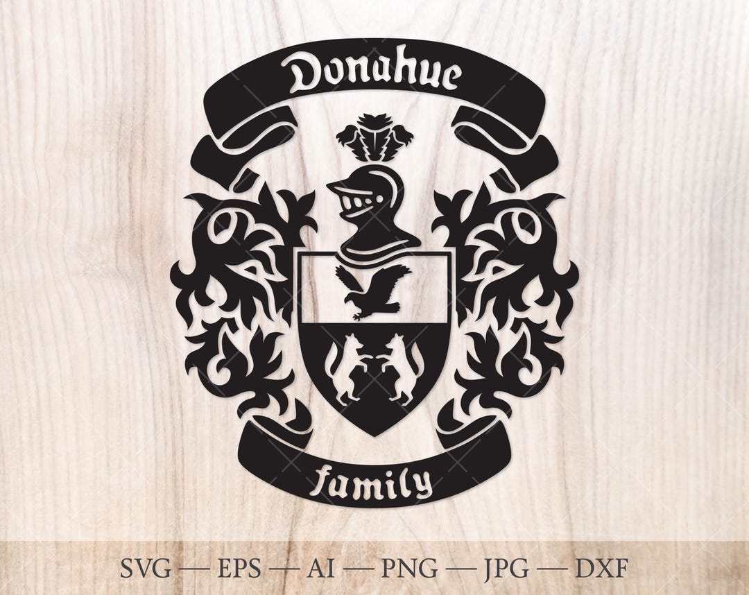Donahue Family Crest. Coat of Arms Svg. Heraldic Shield With Eagle and Two Foxes, Ribbon Banners ...