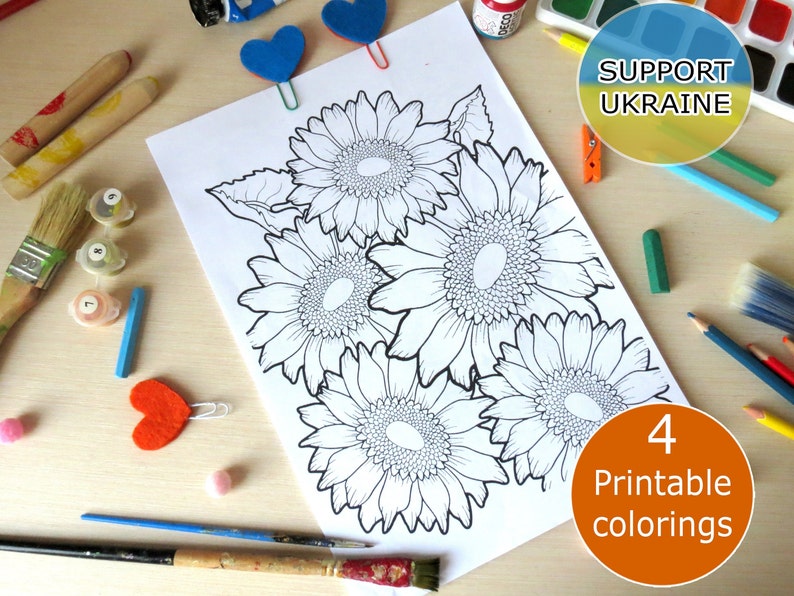 4 Ukrainian Printable Coloring Pages. Stand With Ukraine. Sunflowers ...