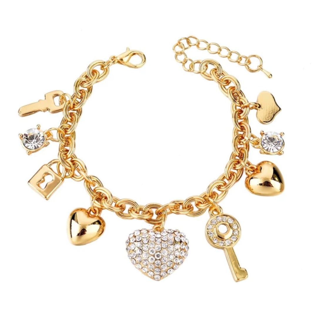Heart Charm Bracelet With 9 Pendants for Women, Silver and Gold Plated ...