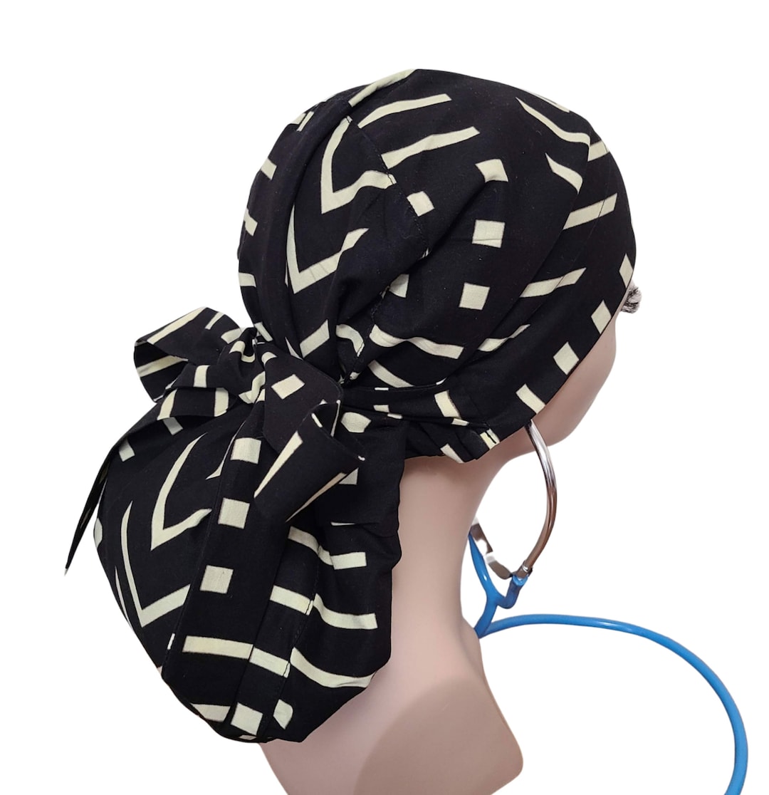African Print Satin Lined Pony Tail Scrub Cap, Nurses' Cap, , Tribal ...