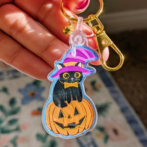 Halloween Black Cat With Purple Hat Acrylic Keychain - Etsy