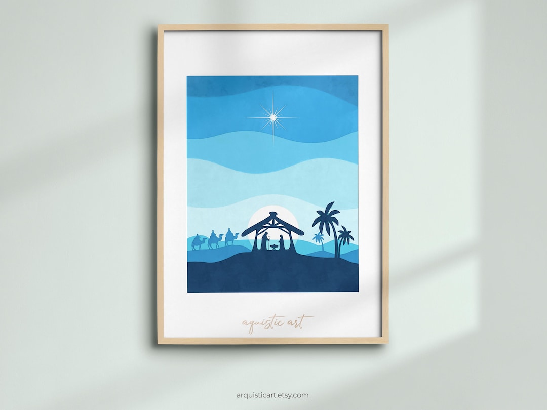 Blue Nativity Scene Watercolor Print: Boho Christmas Wall Art (digital ...