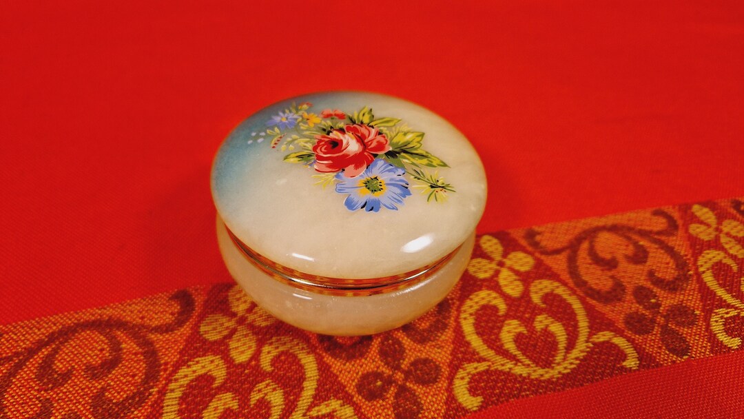 Vintage Italian Alabaster Blue and Yellow Floral Trinket Pot - Etsy UK