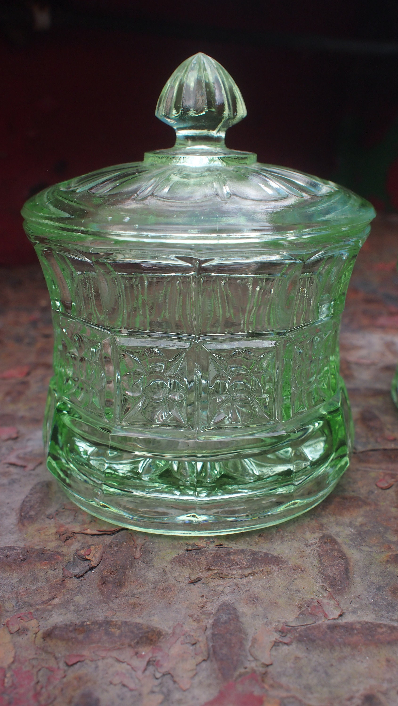 Set of Three Green Glass Trinket Pots with Lids | Etsy
