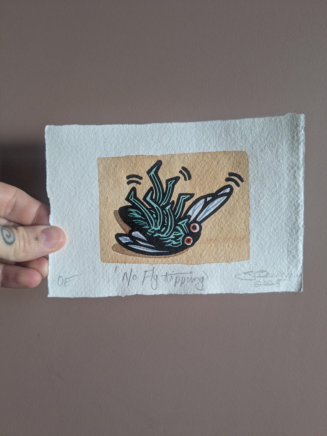 Lino Print of a Silly Fly Stuck on Its Back - A6 on Handmade Paper - Etsy
