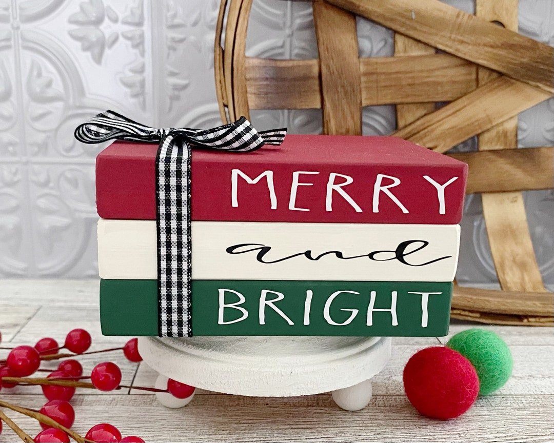 Merry and Bright Book Stack, Christmas Wood Book Stack, Christmas ...