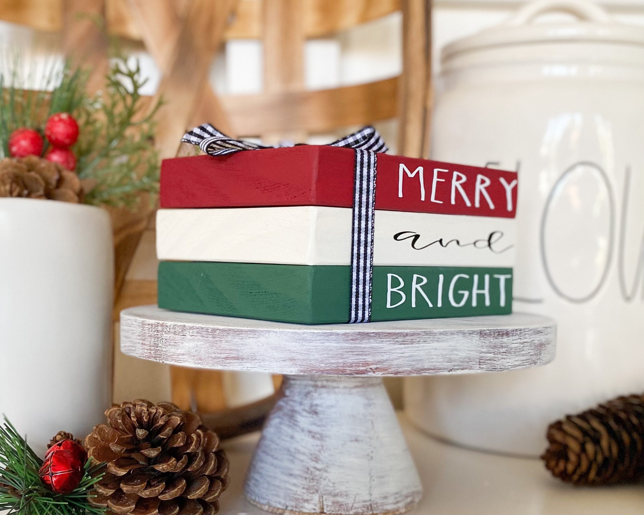 Merry and Bright Book Stack Christmas Wood Book Stack - Etsy