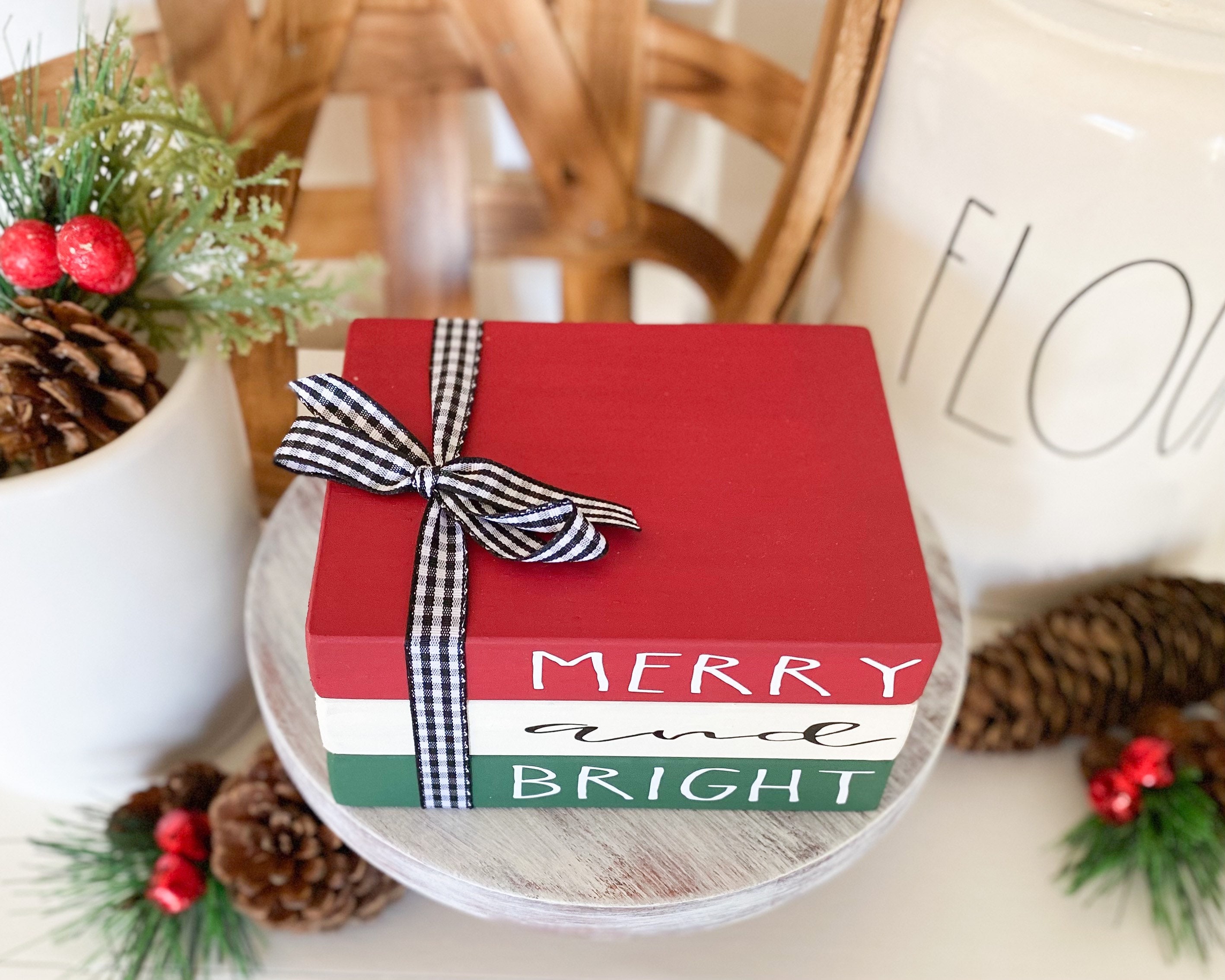 Merry and Bright Book Stack Christmas Wood Book Stack - Etsy