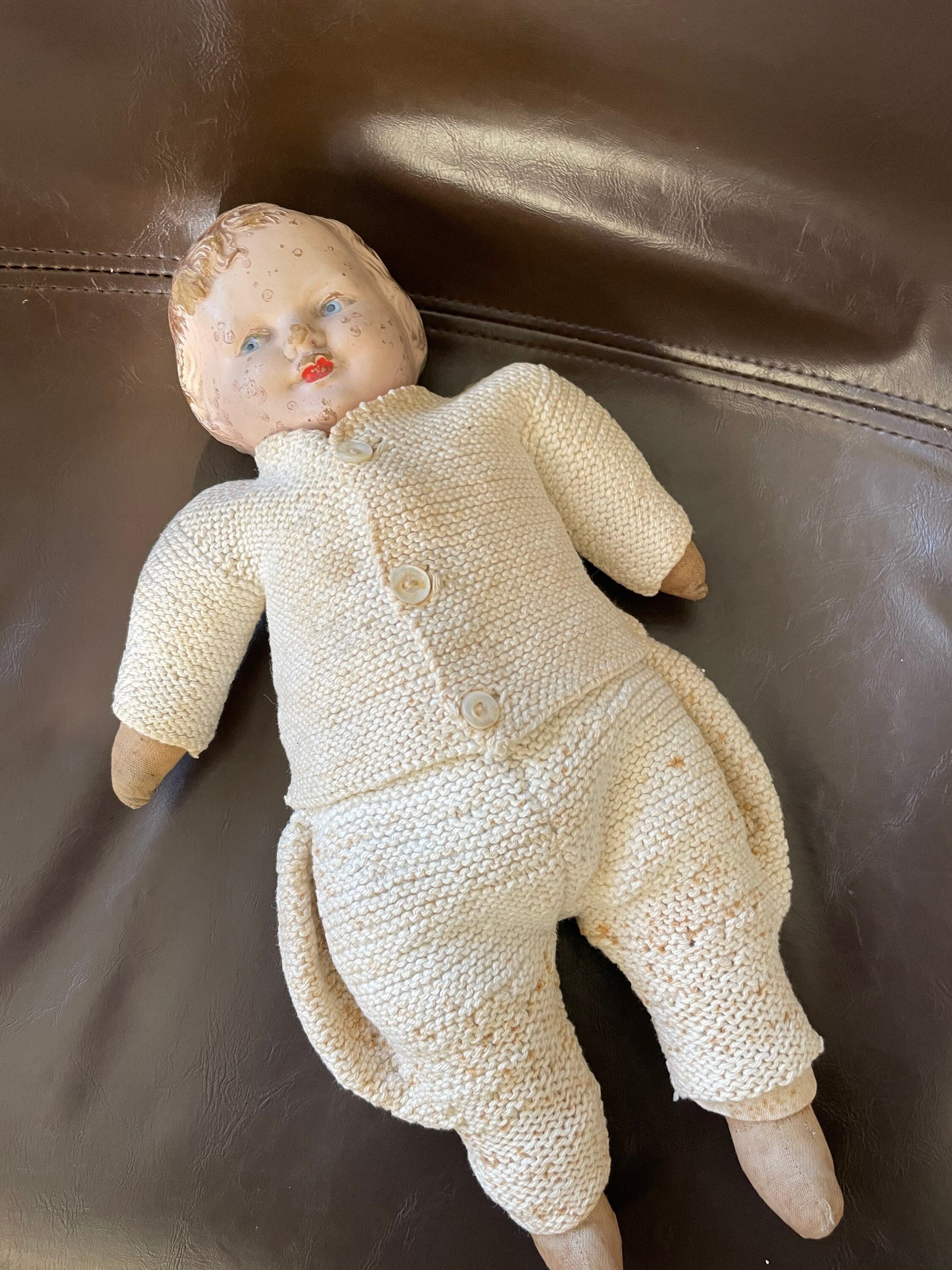 Antique Sad Beige Straw Doll With Composition Head Forgotten Doll ...