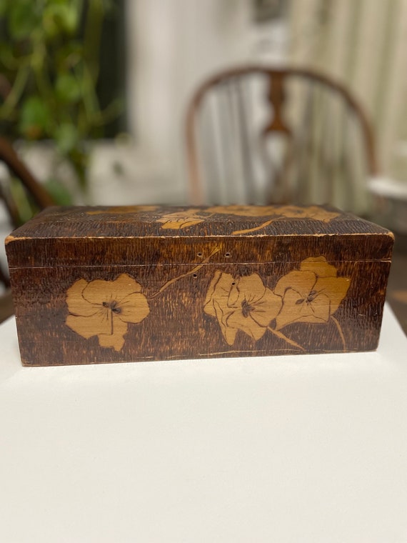 Vintage Wooden Pyrography Box, Old Wood Jewellery Box… - Gem
