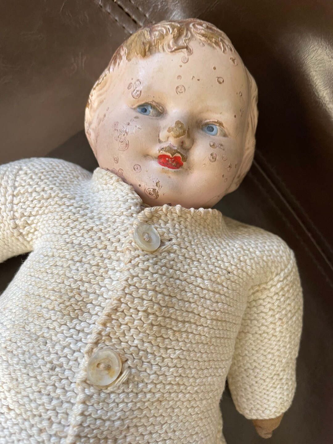 Antique Sad Beige Straw Doll With Composition Head Forgotten Doll ...