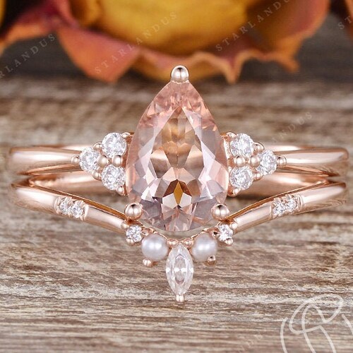 1.5ct Pear Shaped Morganite Ring Rose Gold Bridal Set Cluster - Etsy