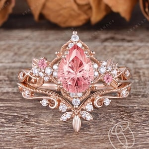 Unique Firework Cut Pink Sapphire Engagement Ring Set Rose Gold Pear ...