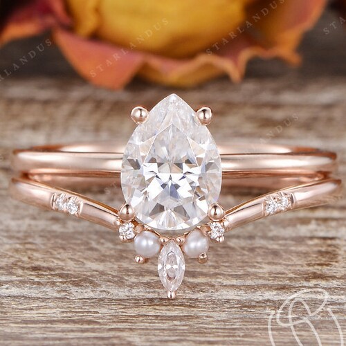 Pear Shaped Morganite Engagement Ring Rose Gold Bridal Set - Etsy