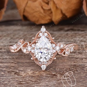 Foral Leaf Pear Moissanite Engagement Ring Unique Rose Gold Natural ...