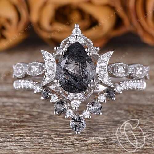 Black Rutilated Quartz Engagement Ring Set White Gold Twig - Etsy