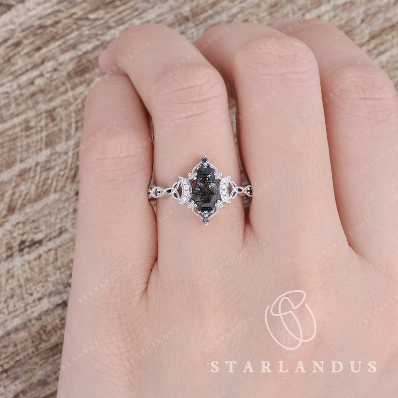 Unique Coffin Cut Black Rutilated Quartz Engagement Ring White Gold ...