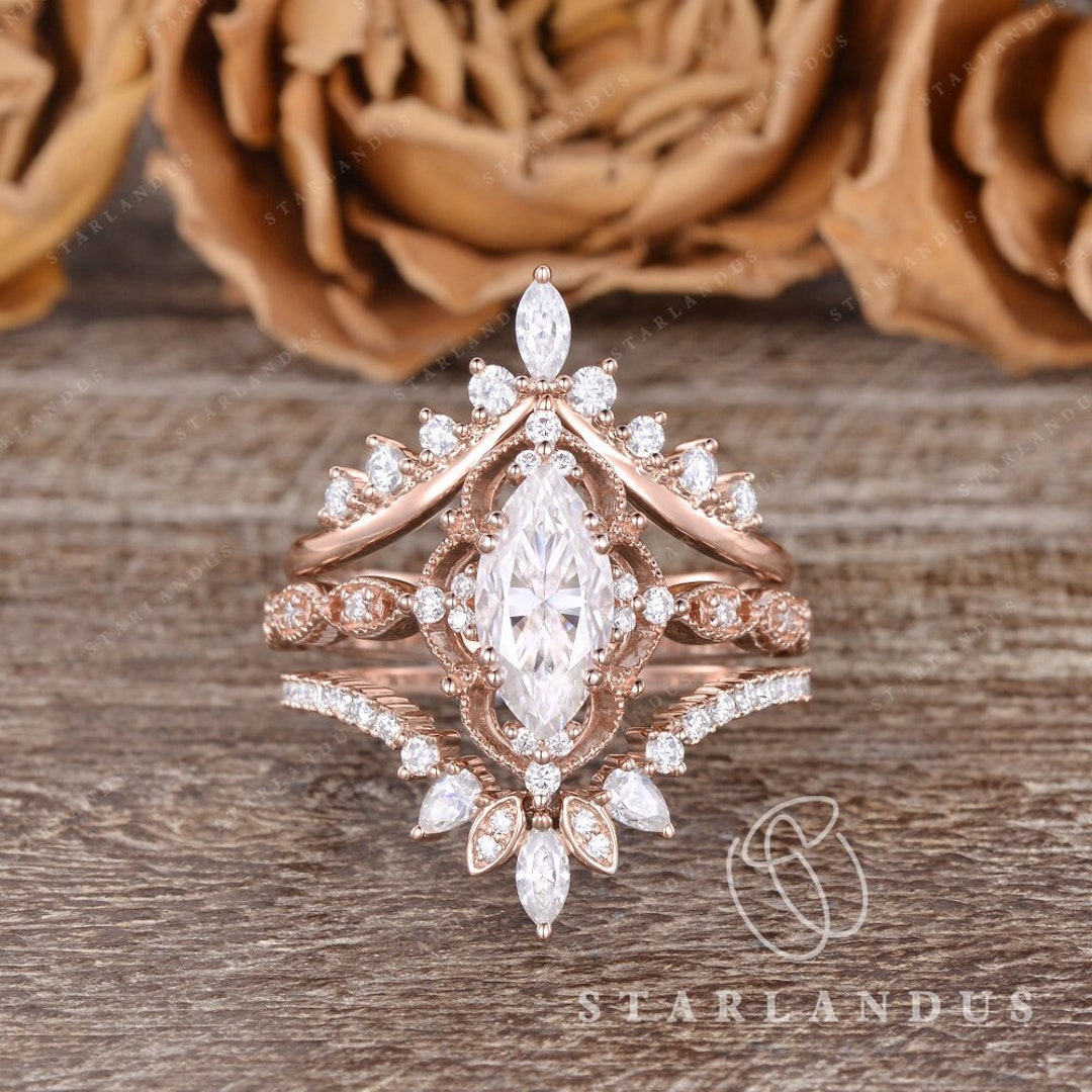 Vintage Marquise Moissanite Engagement Ring Set 3pcs Rose Gold Antique ...