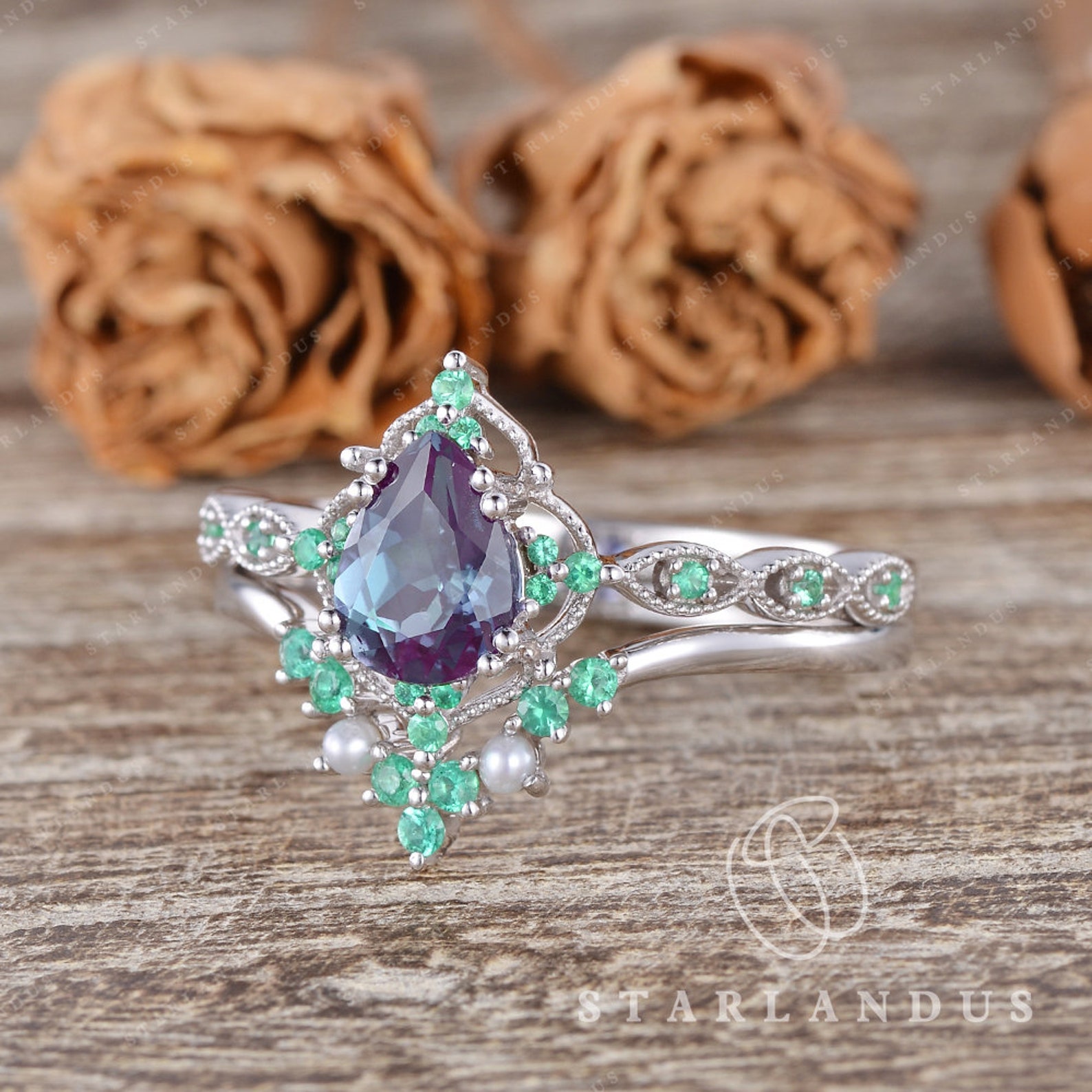 Lab Alexandrite Bridal Set 2pcs Engagement Ring Natural - Etsy