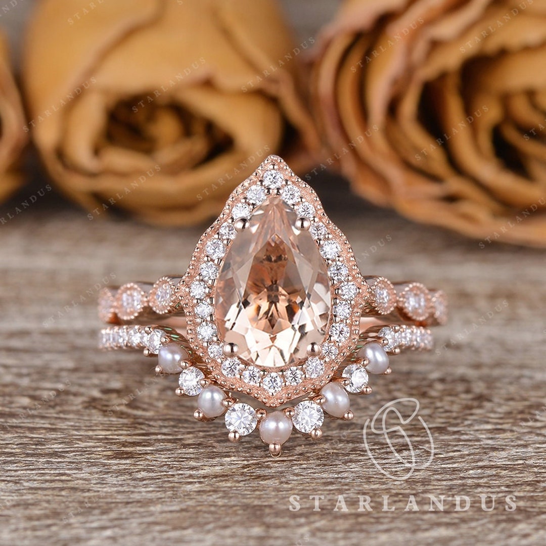 Pear Shaped Morganite Engagement Ring 2pcs Art Deco Rose Gold Bridal ...