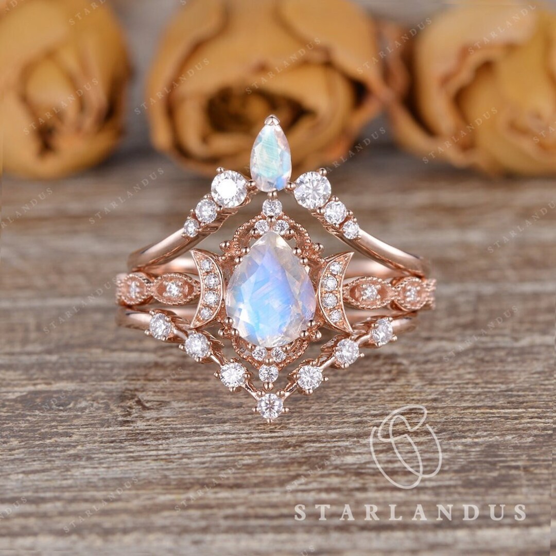 Unique Natural Moonstone Inspired Rings 3pcs Pear Shaped Moonstone ...
