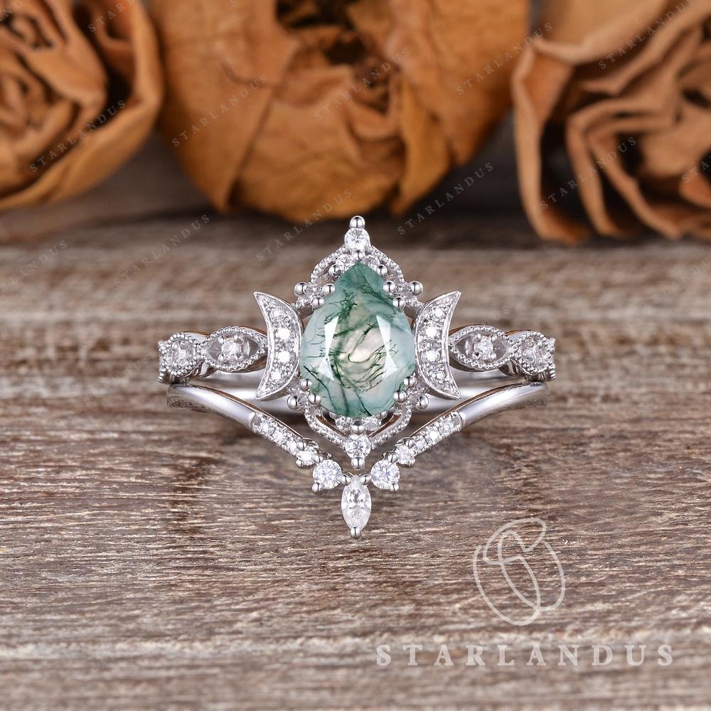 Moss Agate Moon Engagement Ring White Gold Inspired Wedding Rings Women ...