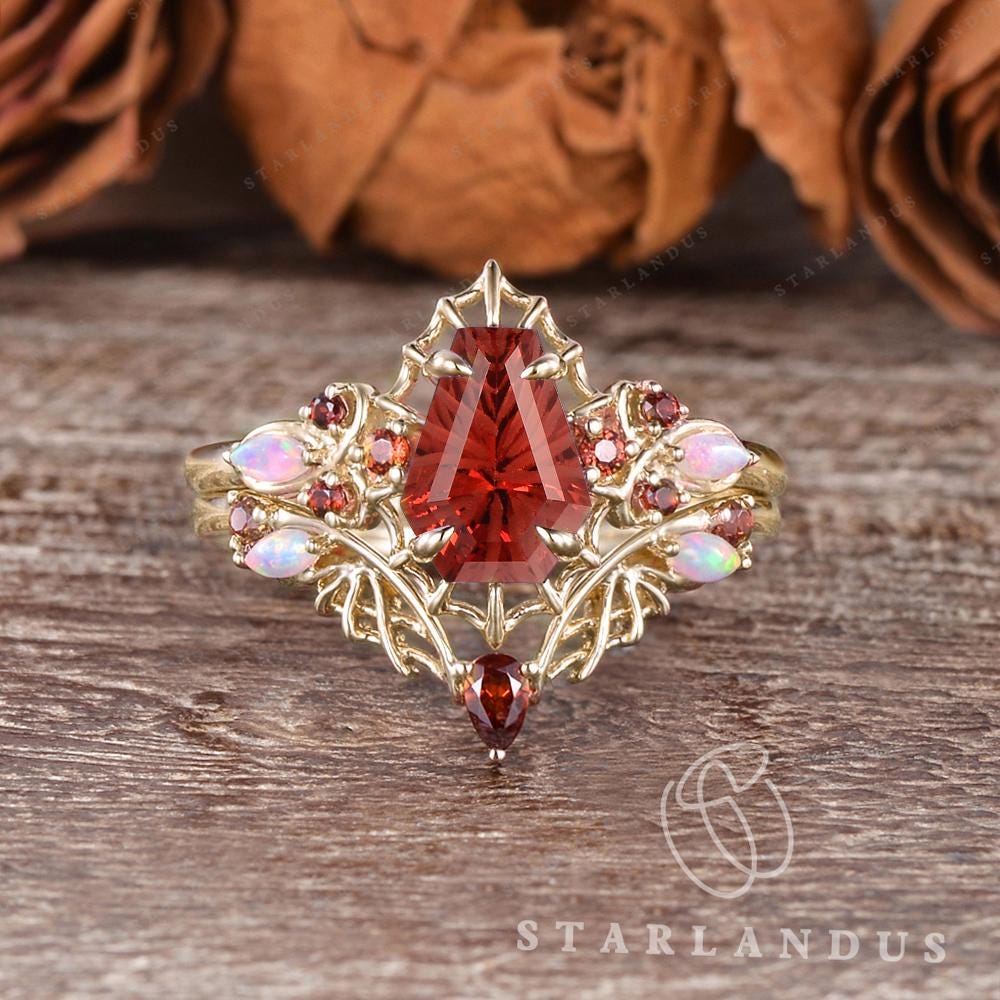 Goth Firework Cut Coffin Garnet Engagement Ring Gold Ring Spider Web ...