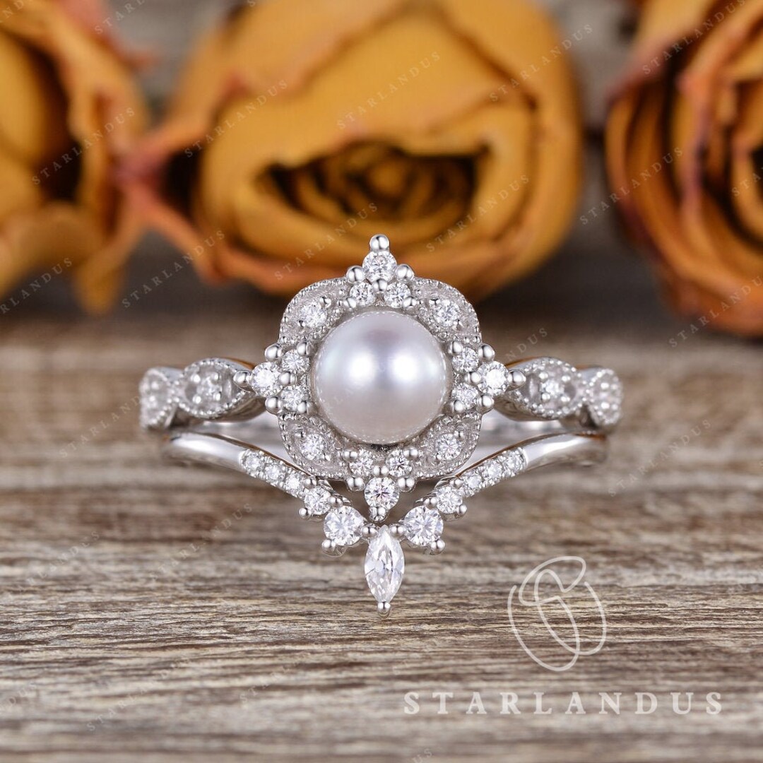 Vintage Inspired Natural Akoya Pearl Bridal Set 2pcs White Gold Cluster ...