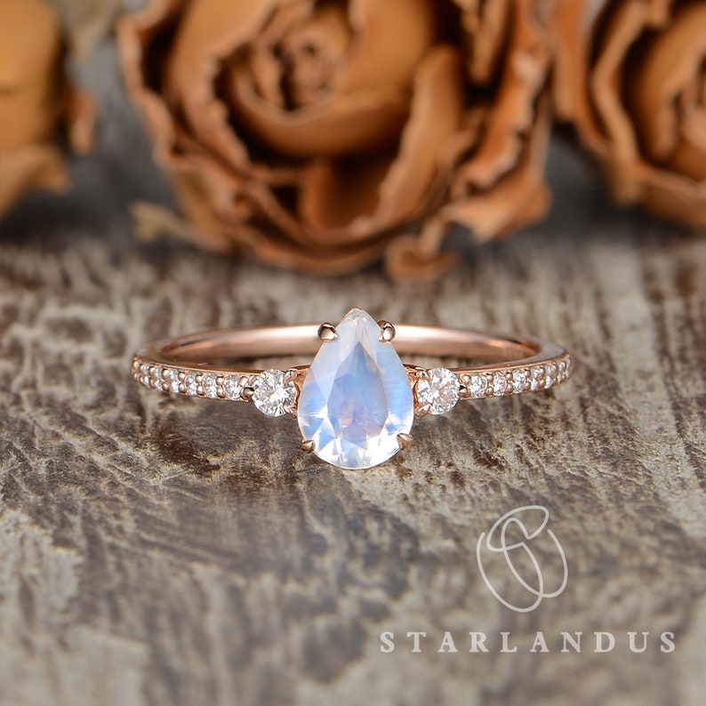 Pear Shaped Moonstone Engagement Ring Rose Gold Engagement | Etsy