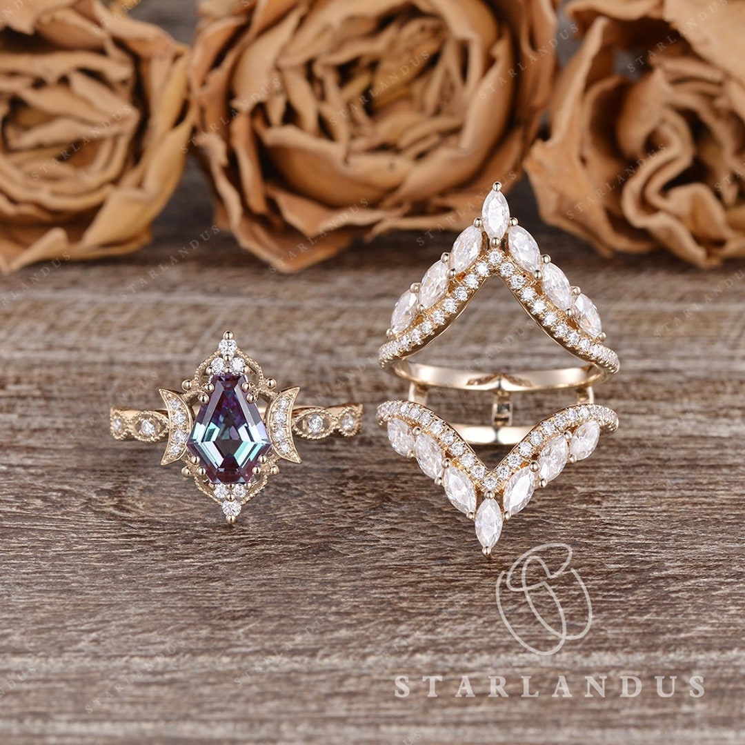 Vintage Alexandrite Engagement Ring Set Coffin Cut Alexandrite Bridal ...