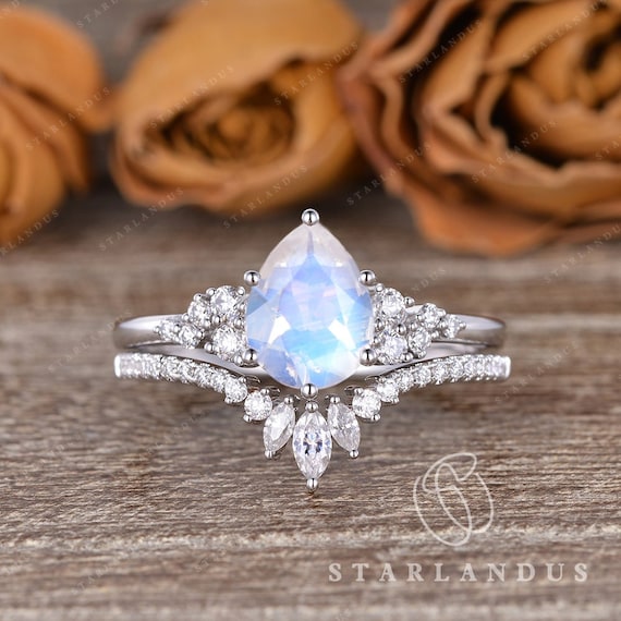Pear Shaped Moonstone Engagement Ring Cluster Bridal Set 2pcs | Etsy