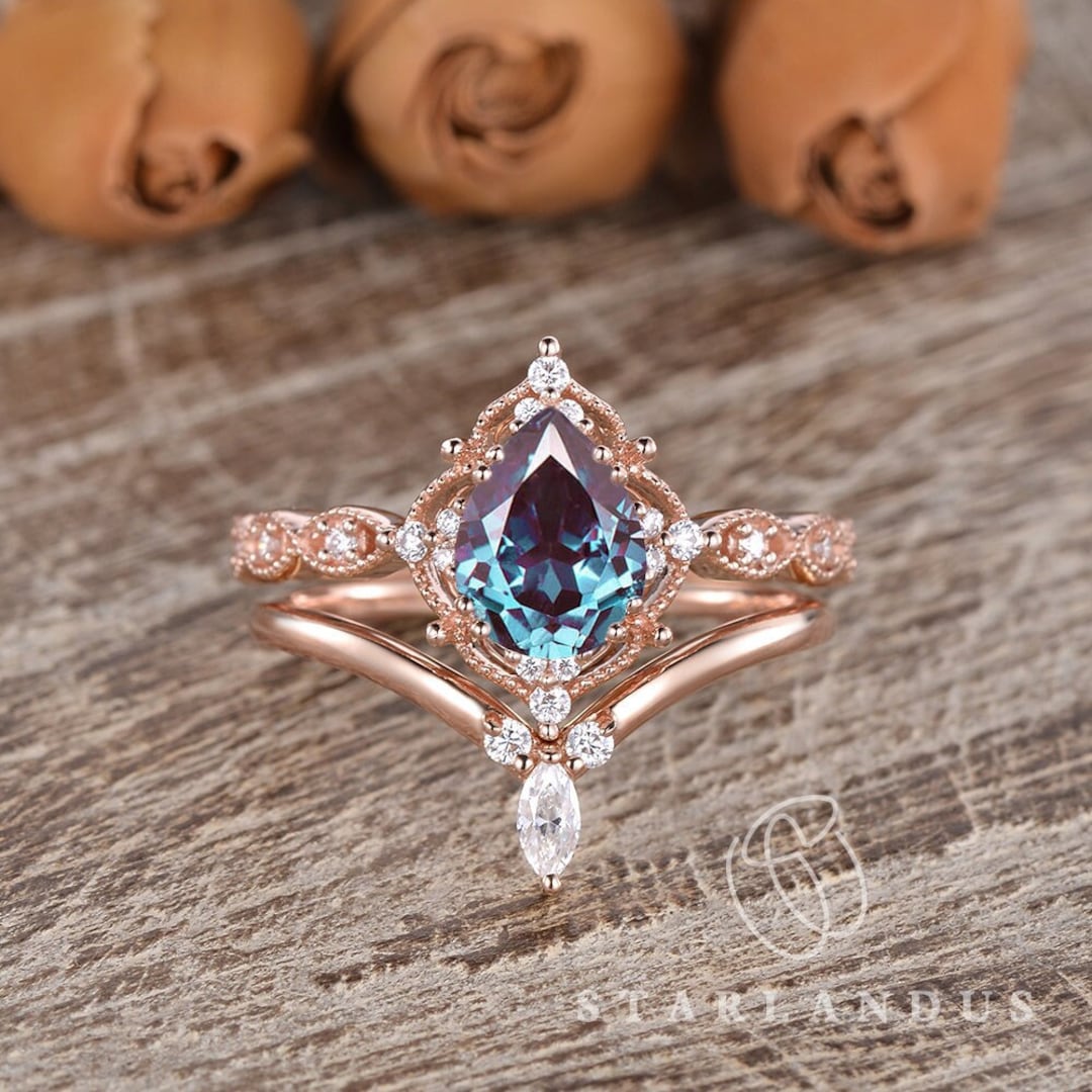 Lab Alexandrite Engagement Ring Unique Marquise Stacking Band Rose Gold ...