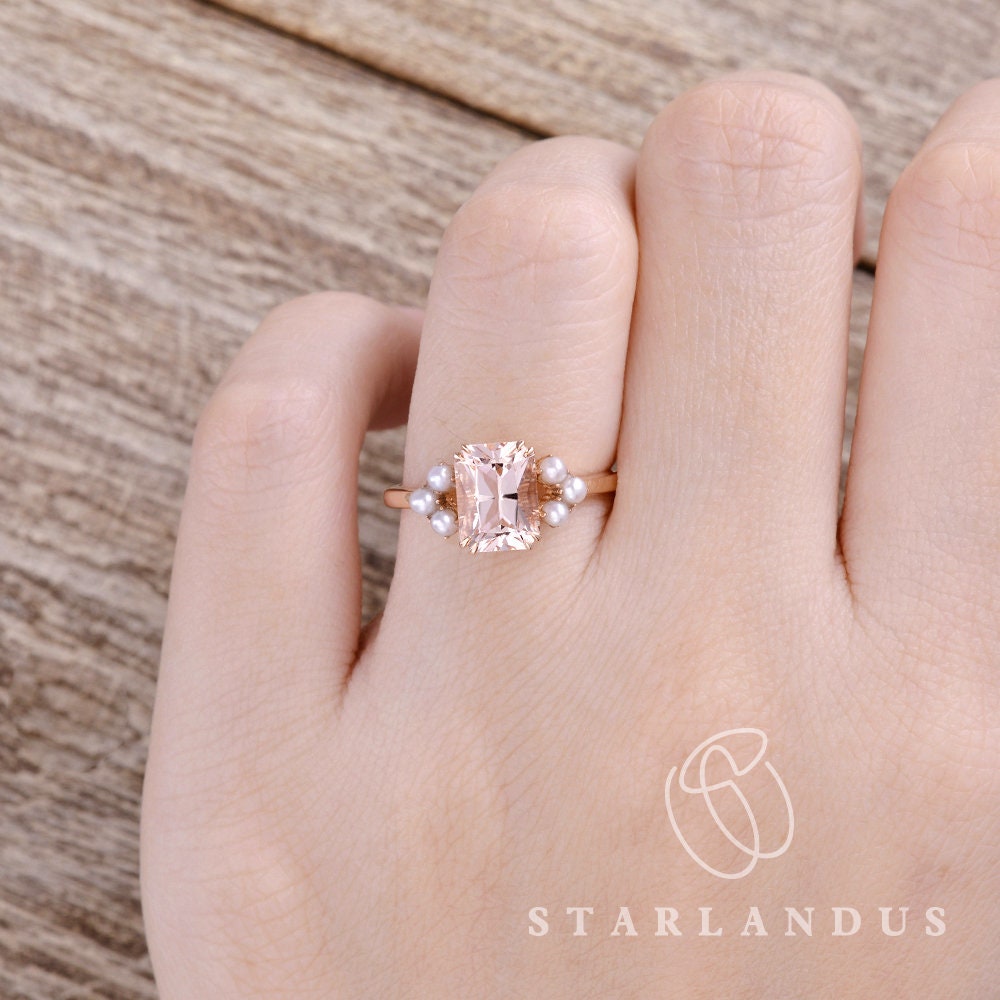 Radiant Cut Morganite Engagement Ring Cluster Morganite Ring Rose Gold Unique Pearl Cluster Ring Women Wedding Antique Ring Promise Bridal Etsy