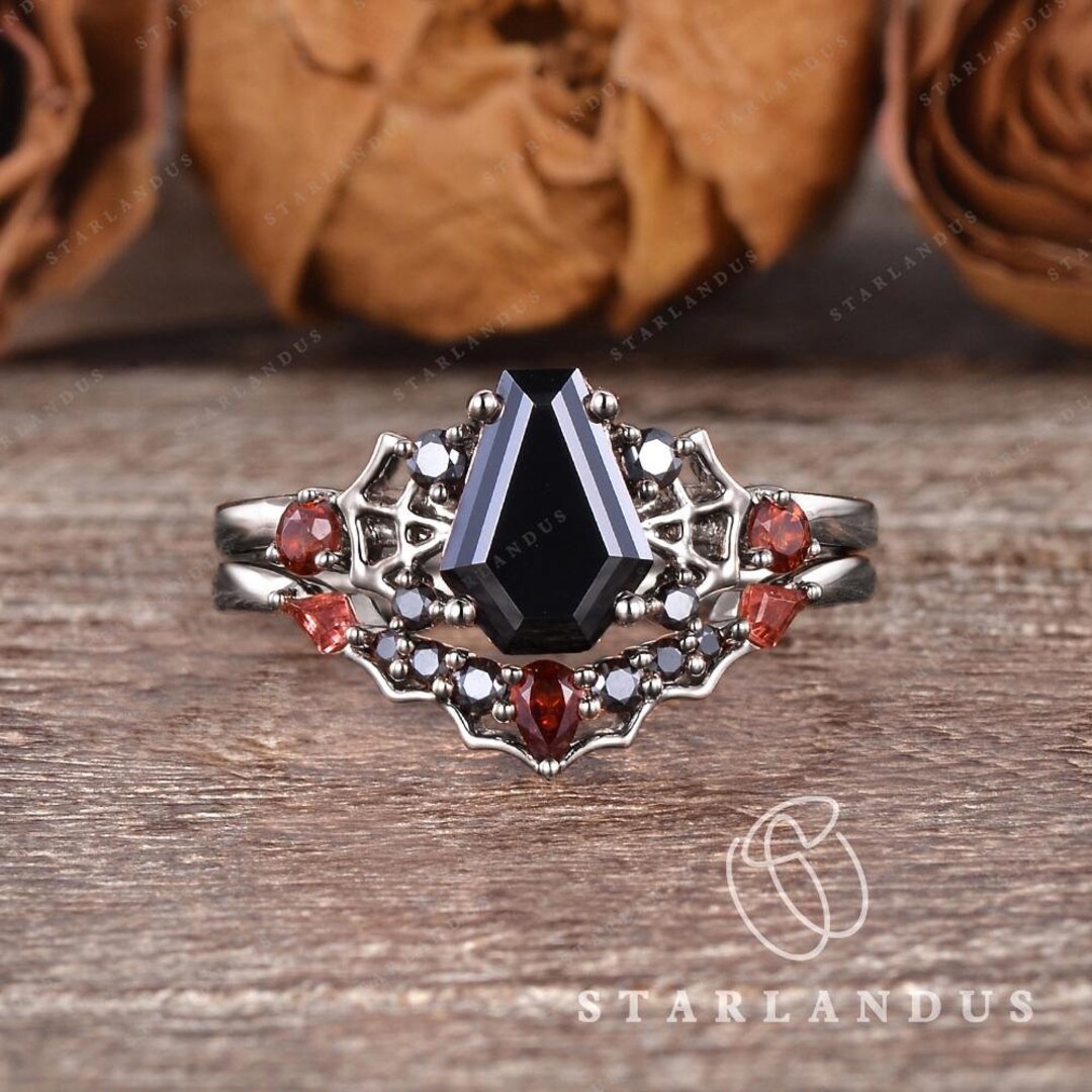 Spider Web Coffin Cut Black Onyx Gothic Engagement Ring Set Unique Rose Gold Bat Witchy Garnet ...