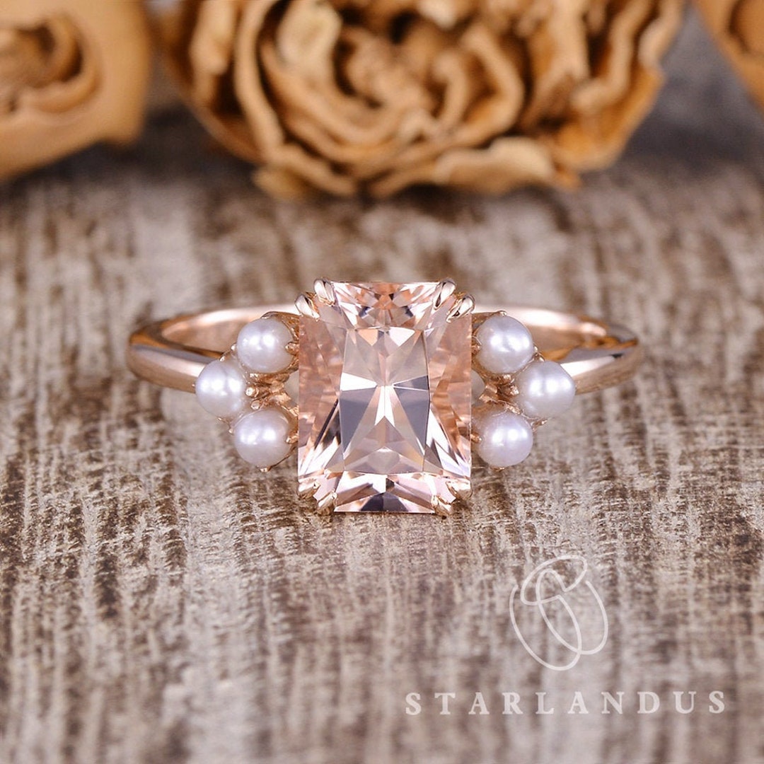Radiant Cut Morganite Engagement Ring Cluster Morganite Ring Rose Gold ...