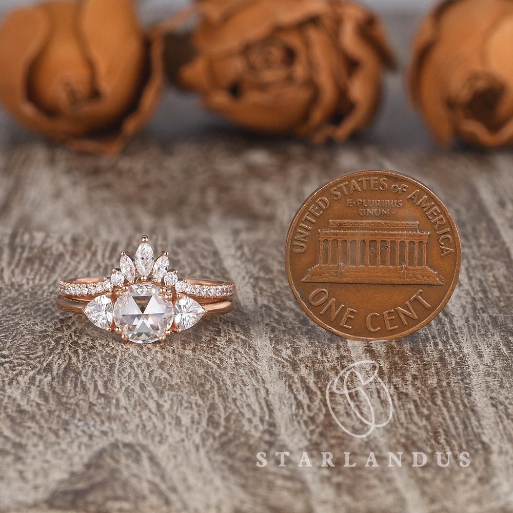 Unique Rose Gold Bridal Set 2pcs Engagement Ring Rose Cut | Etsy