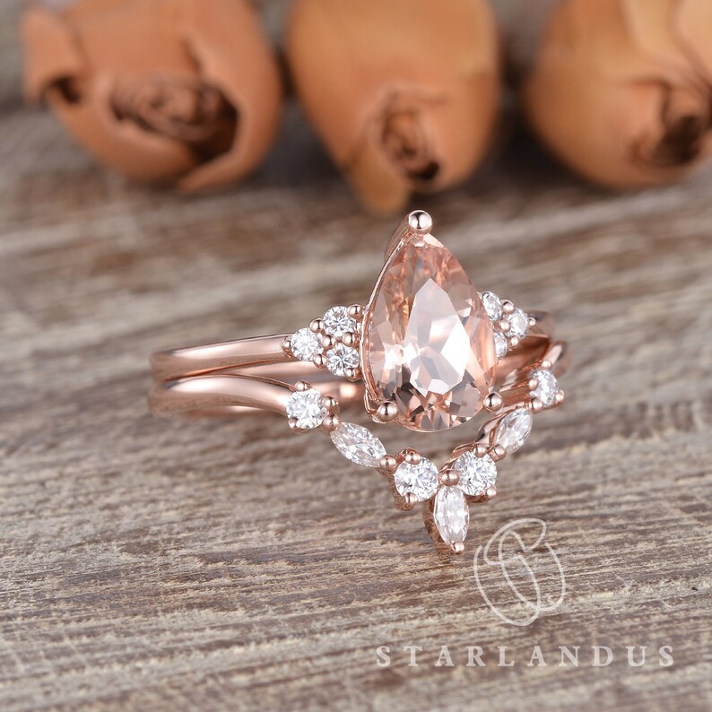 Pear Shaped Morganite Bridal Set 2pcs 1.2ct Morganite Cluster Ring ...
