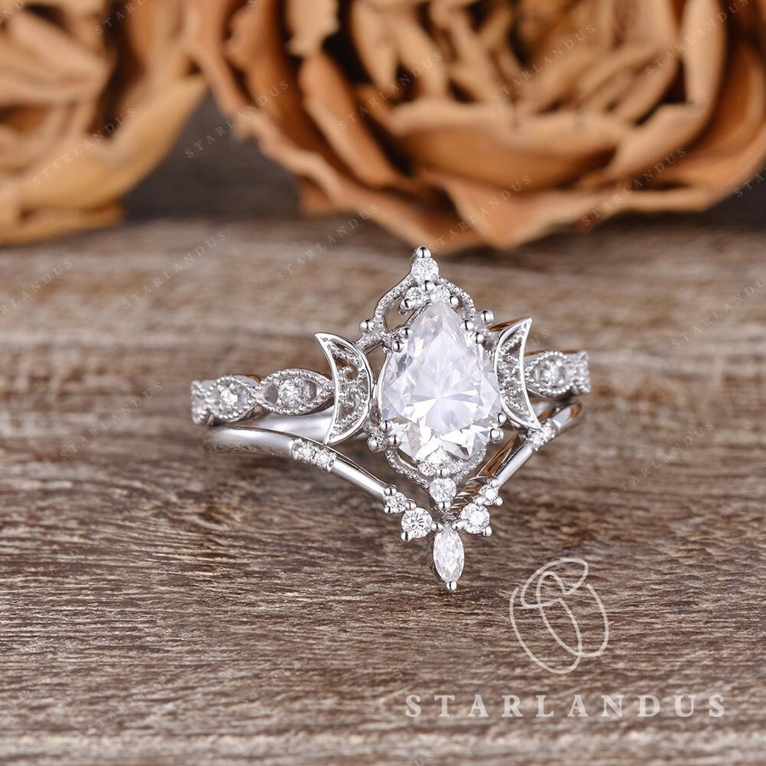 Unique Moon Engagement Ring Pear Shaped Moissanite Ring Milgrain ...