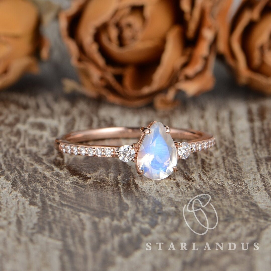 Pear Shaped Moonstone Engagement Ring Rose Gold Engagement Ring Three ...