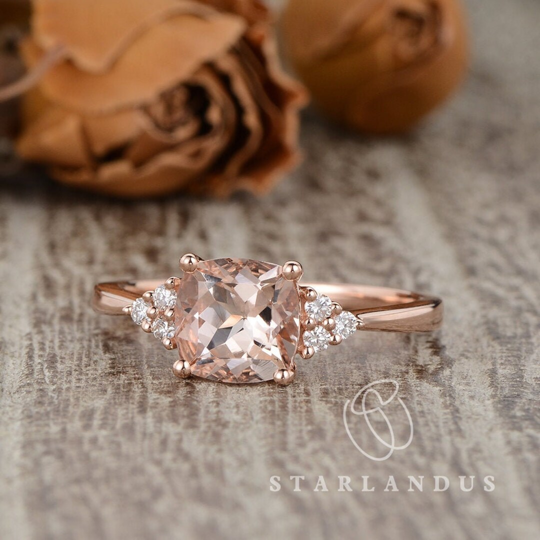 7mm Morganite Engagement Ring Rose Gold Cushion Cut Cluster Ring ...