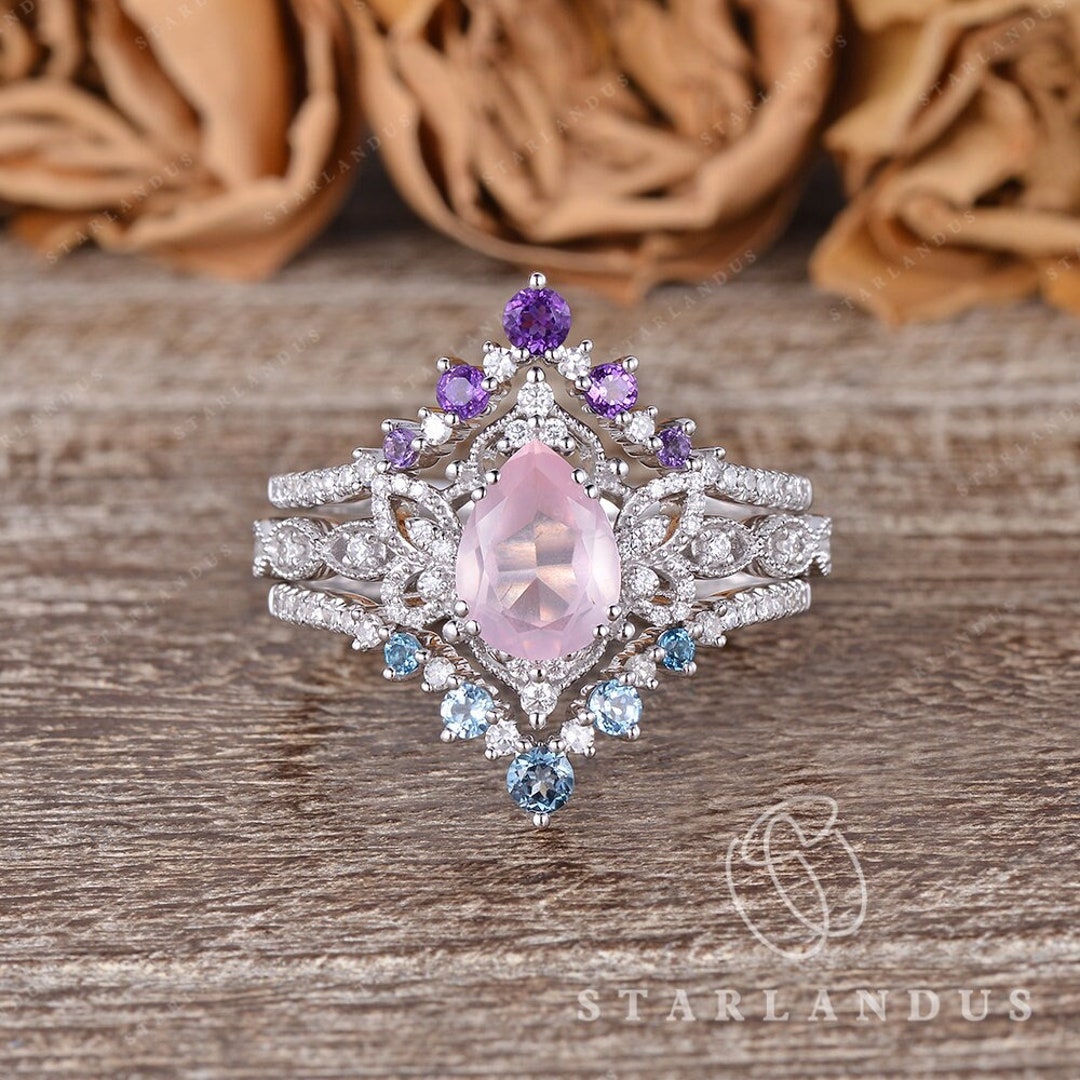 Fairytale Butterfly Engagement Ring Set Pear Shaped Rose Quartz Ring ...