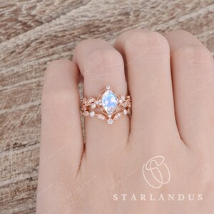 Vine Rose Gold Cluster Rings Unique Moonstone Bridal Set 2cps White ...