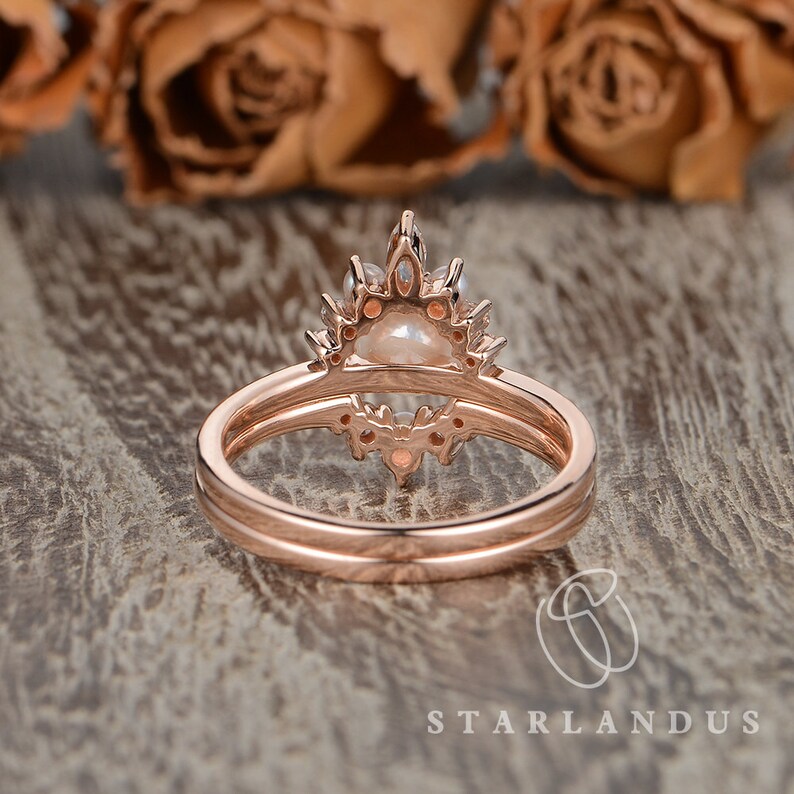 Akoya Pearl Ring Set Rose Gold Bridal Set Cluster Engagement - Etsy