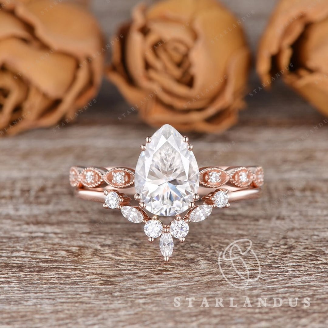 Art Deco 2ct Moissanite Engagement Ring Set Unique Stacking Rings Rose ...