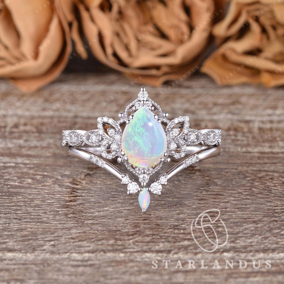 Fairytale Opal Engagement Ring Set White Gold Pear Shaped Opal Ring Set ...