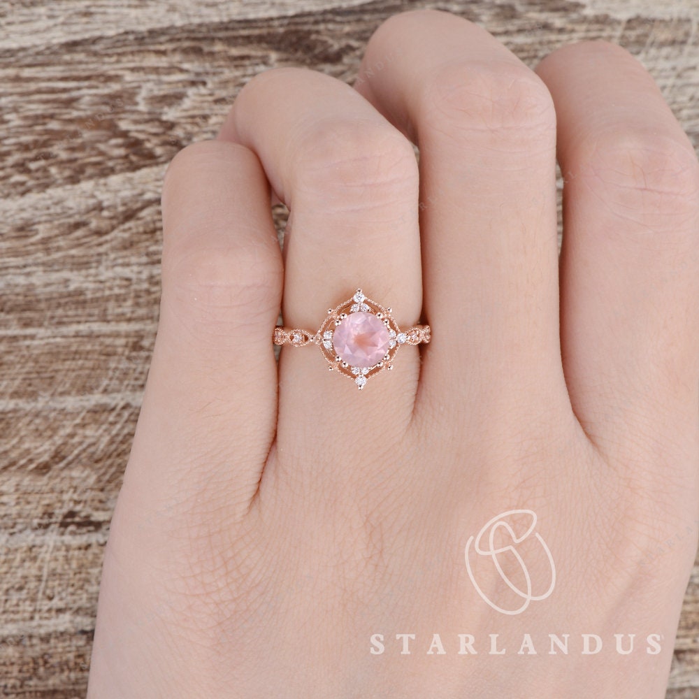 Rose Quartz Engagement Ring White Gold Art Deco Wedding Ring Rose Quartz Engagement Ring White Gold Art Deco Wedding Ring